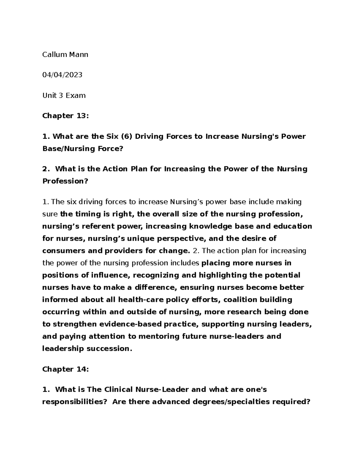 Unit Exam 3 - Coursework - Callum Mann 04/04/ Unit 3 Exam Chapter 13 ...