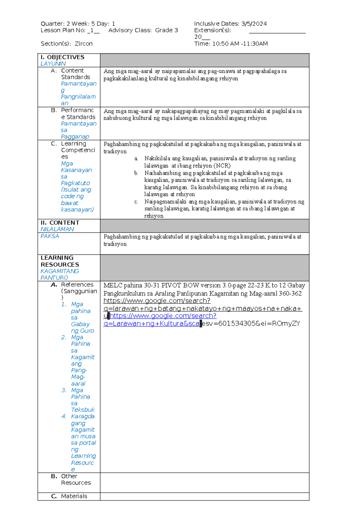LESSON EXEMPLAR IN AP - Quarter: 2 Week: 5 Day: 1 Inclusive Dates: 3/5 ...