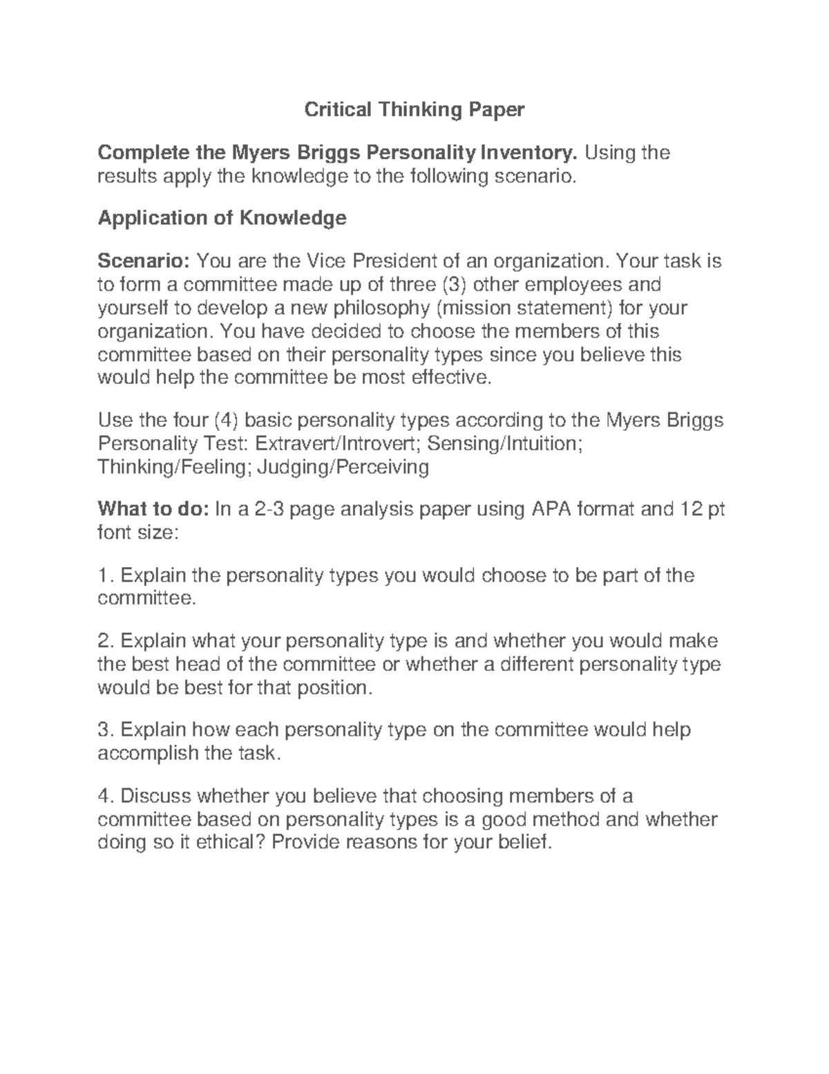 Critical Thinking Paper Rubric - Critical Thinking Paper Complete the ...