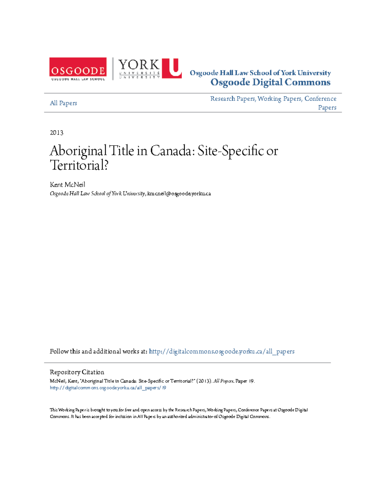 Aboriginal Title in Canada Site-Specific or Territorial - Osgoode Hall ...