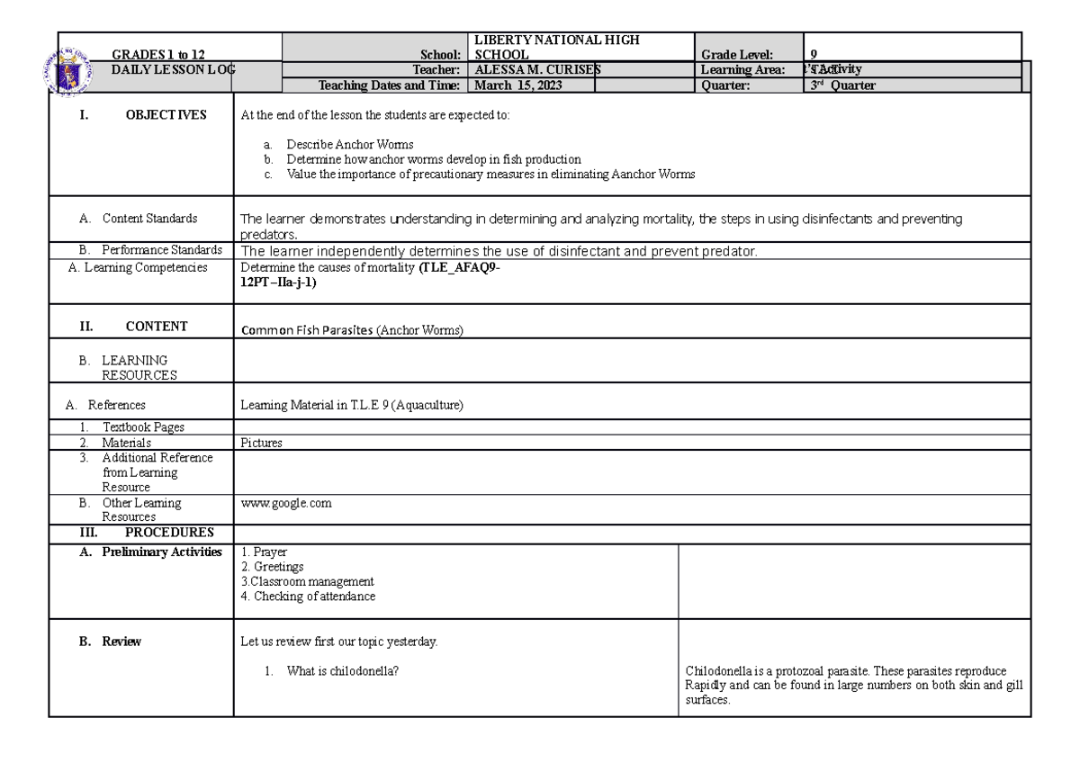 Lesson plan in aquaculture - Teacher’s Activity Student’s Activity I ...