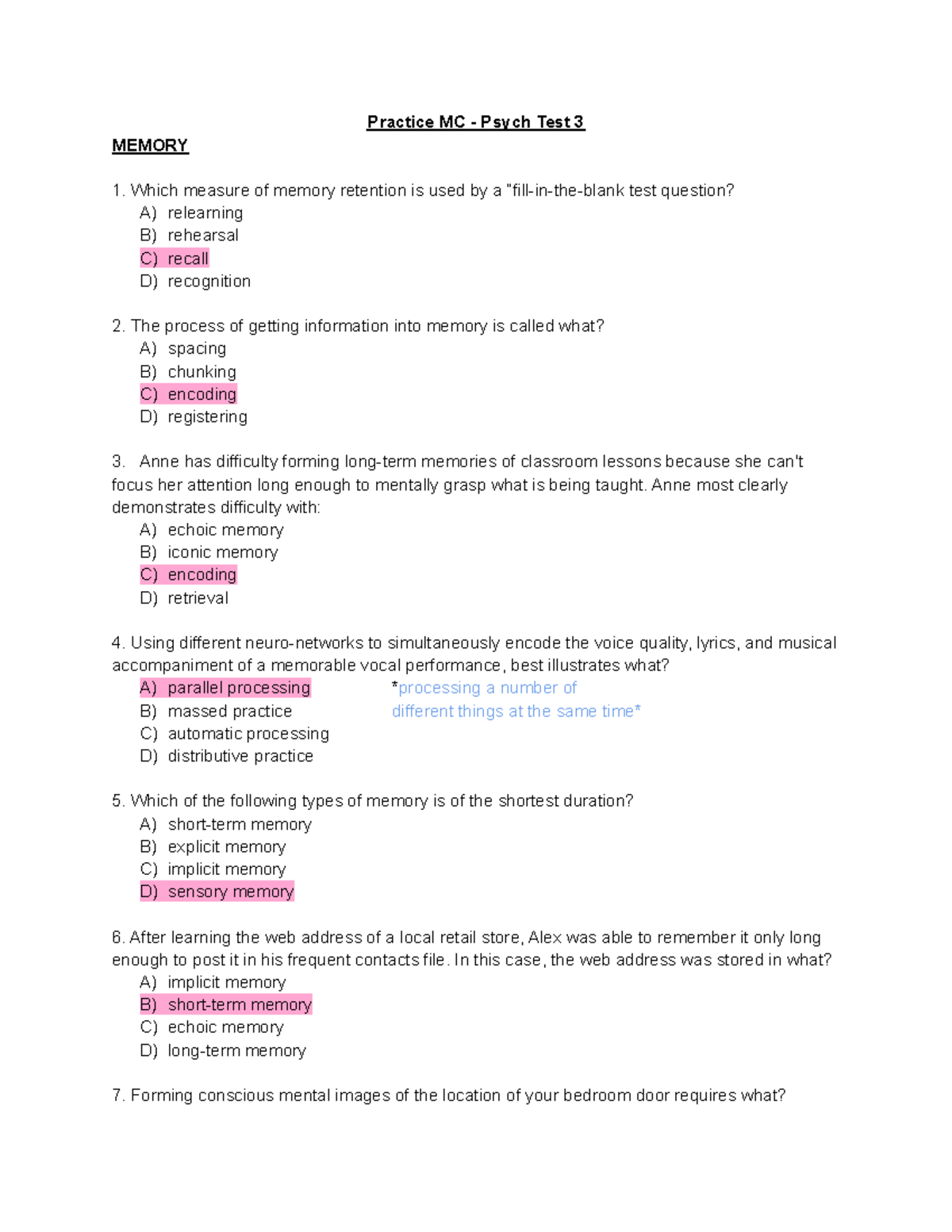 Practice MC for Test 3 - Memory - Practice MC - Psych Test 3 MEMORY ...