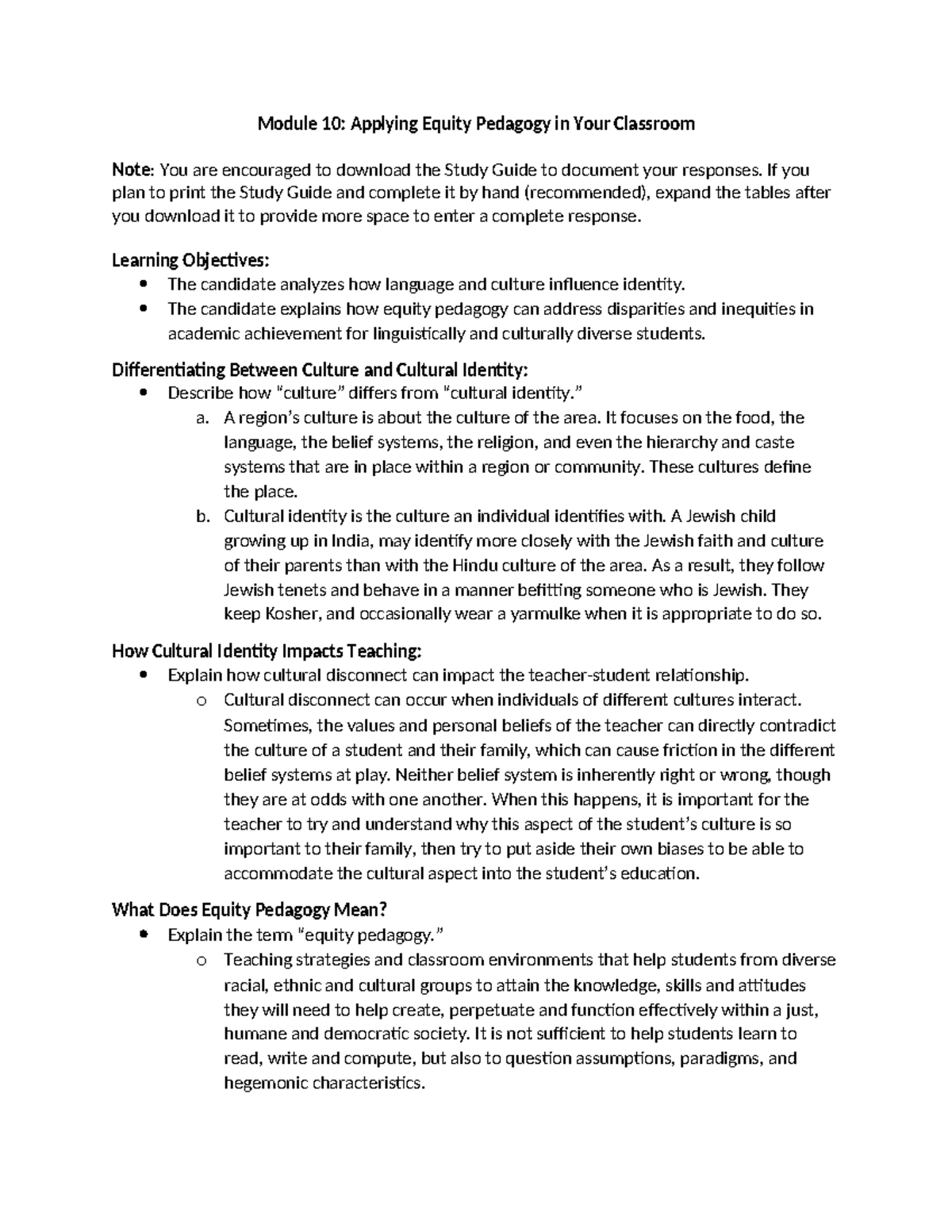 D169 Module Study Guide 10 - Applying Equity Pedagogy in Your Classroom ...