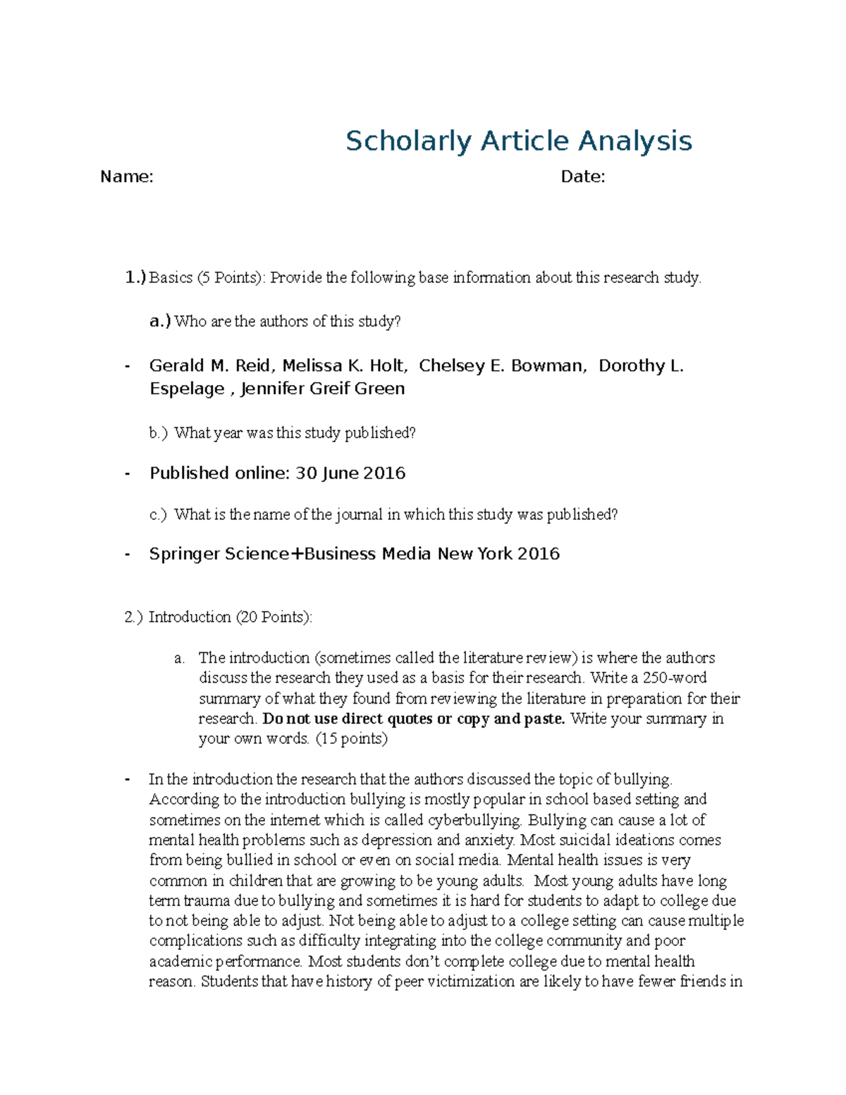 Scholarly Article Analysis - Scholarly Article Analysis Name: Date: 1 ...