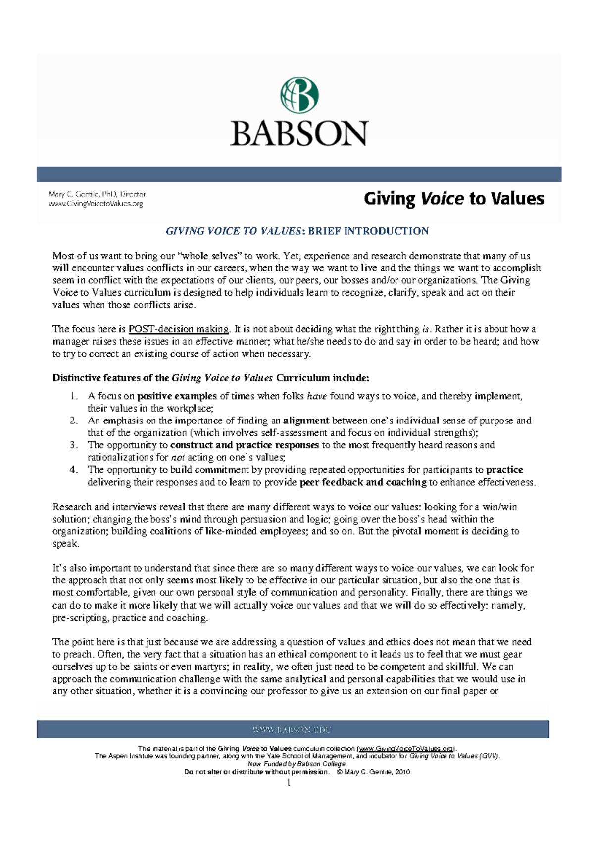 GVV-Brief-Introduction S - GIVING VOICE TO VALUES: BRIEF INTRODUCTION ...