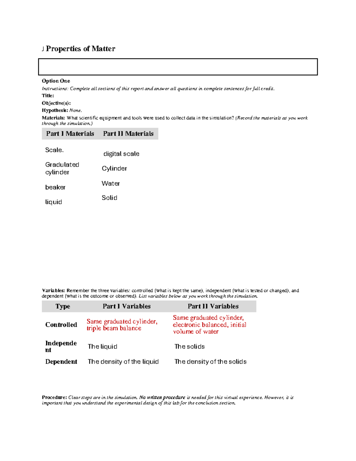 Jjj - Assignments - J Properties of Matter Option One Instructions: Complete all sections of ...