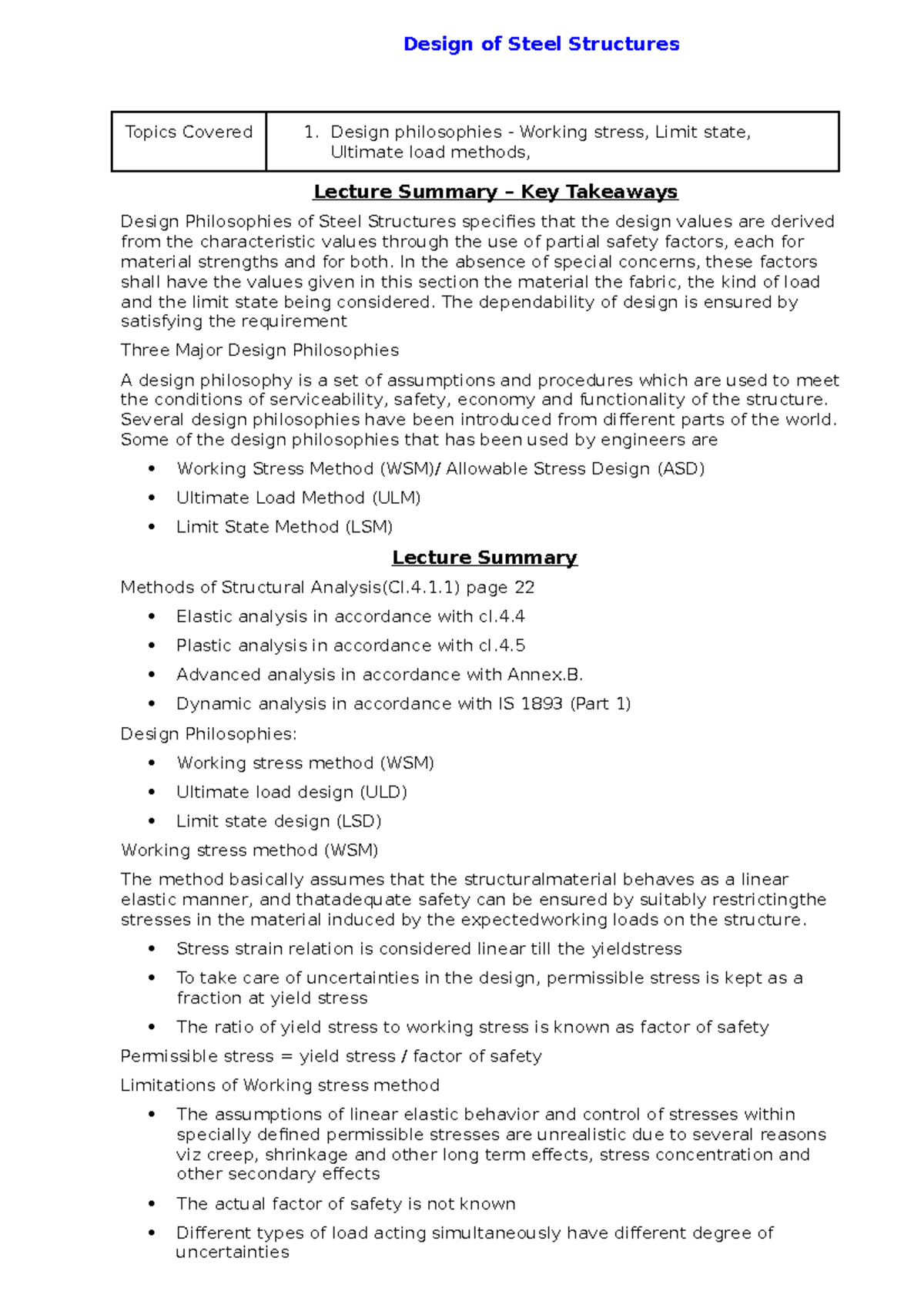 Working stress, Limit state, Ultimate load methods - Design of Steel ...