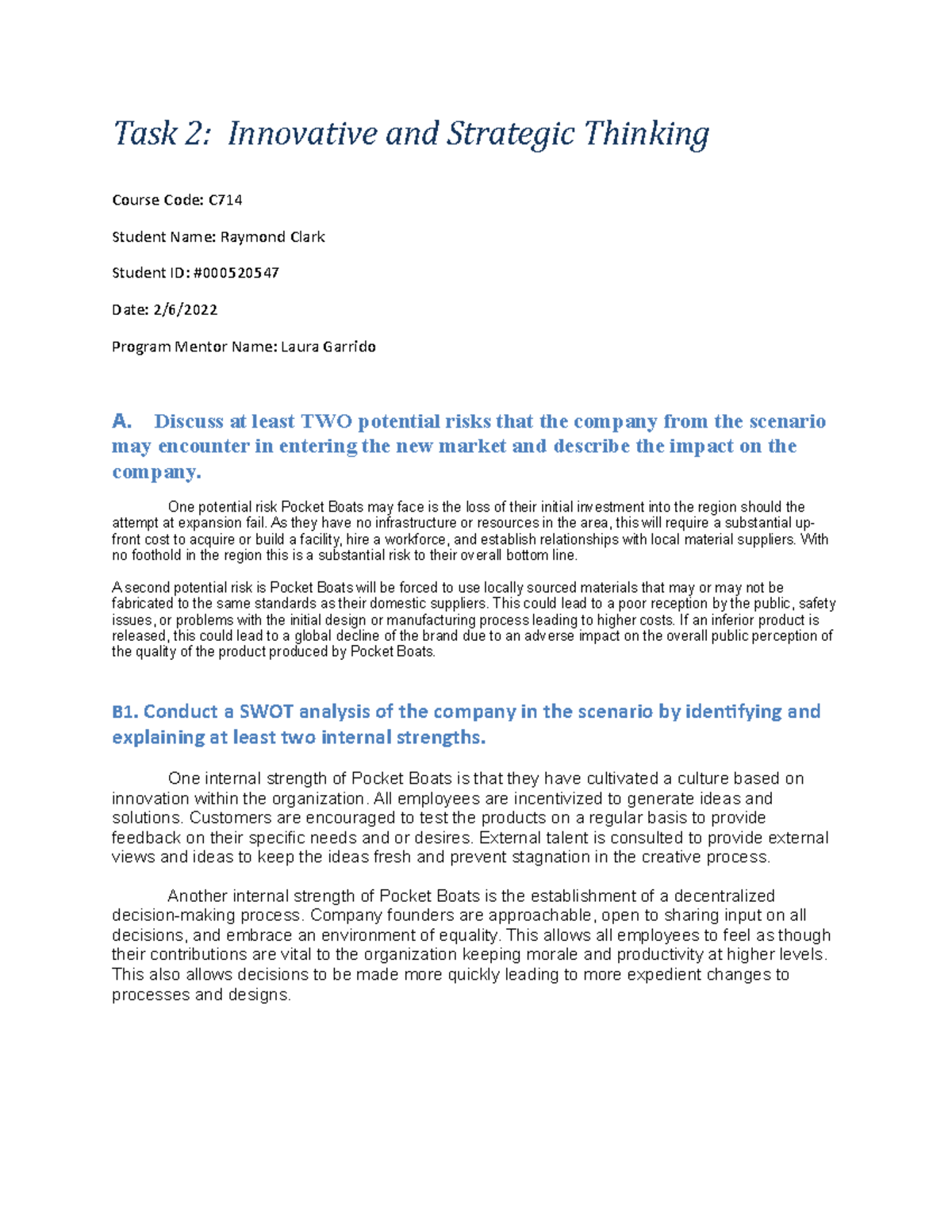 C714 Task Two - Business Strategy Task 2 - Task 2: Innovative and ...