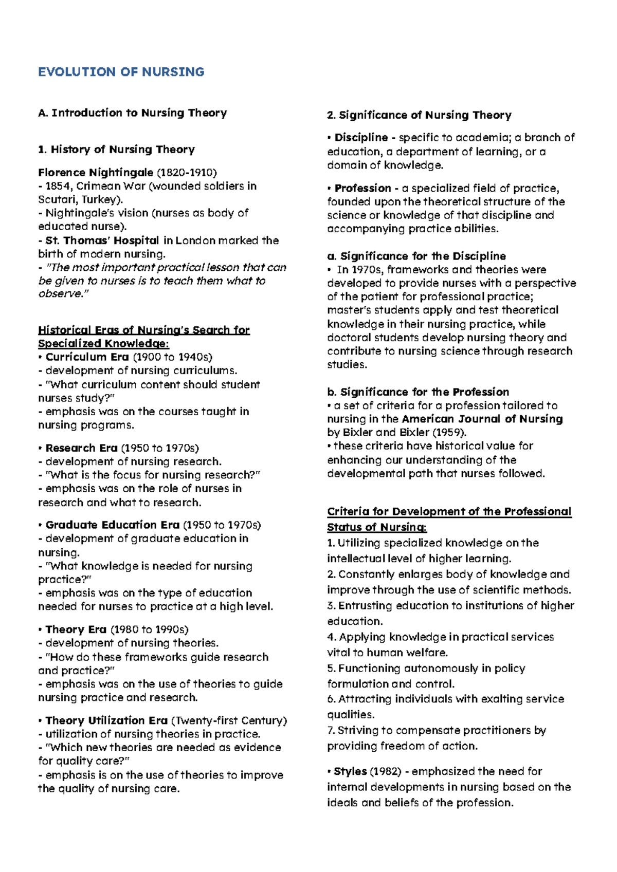 Tfn notez - TFN notes - EVOLUTION OF NURSING A. Introduction to Nursing ...