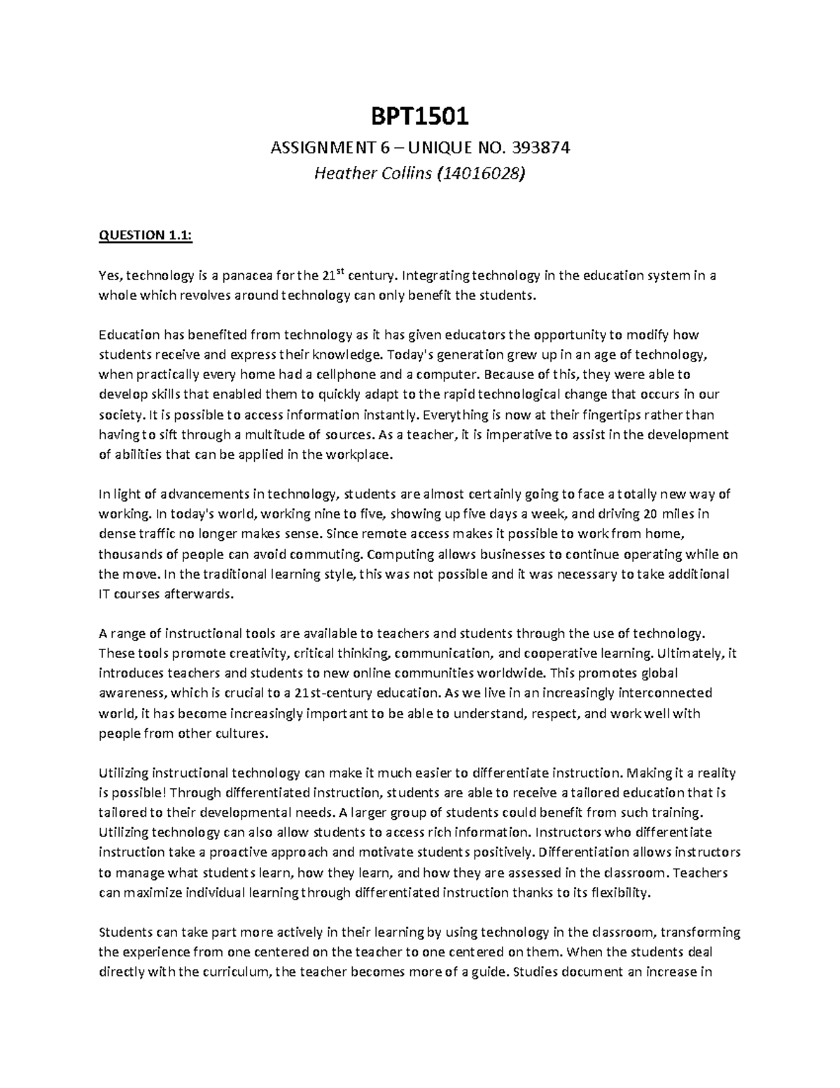BPT1501 Assignment 6 - 393874 - BPT ASSIGNMENT 6 – UNIQUE NO. 393874 ...