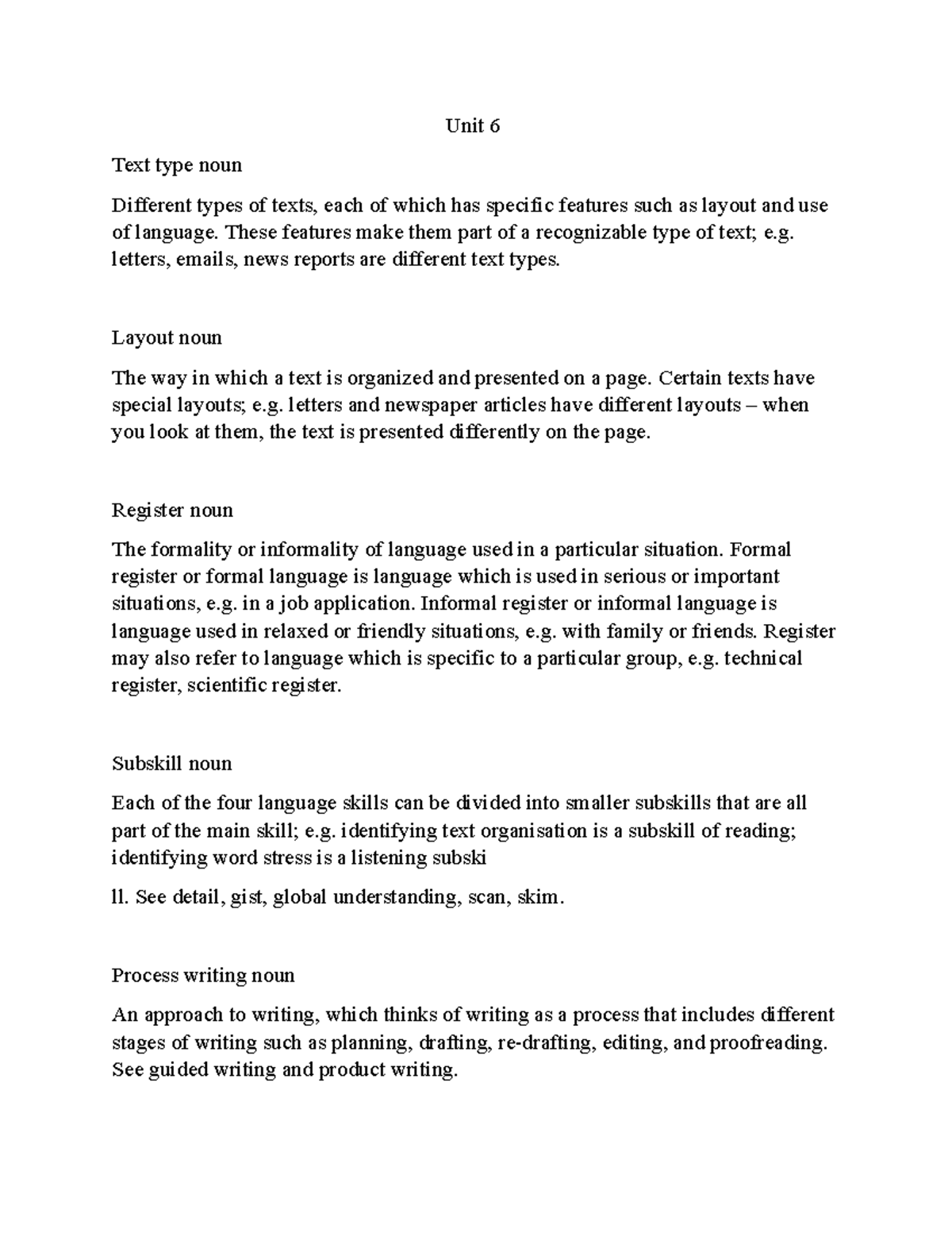 TKT Glossary - Nothing - Unit 6 Text type noun Different types of texts ...