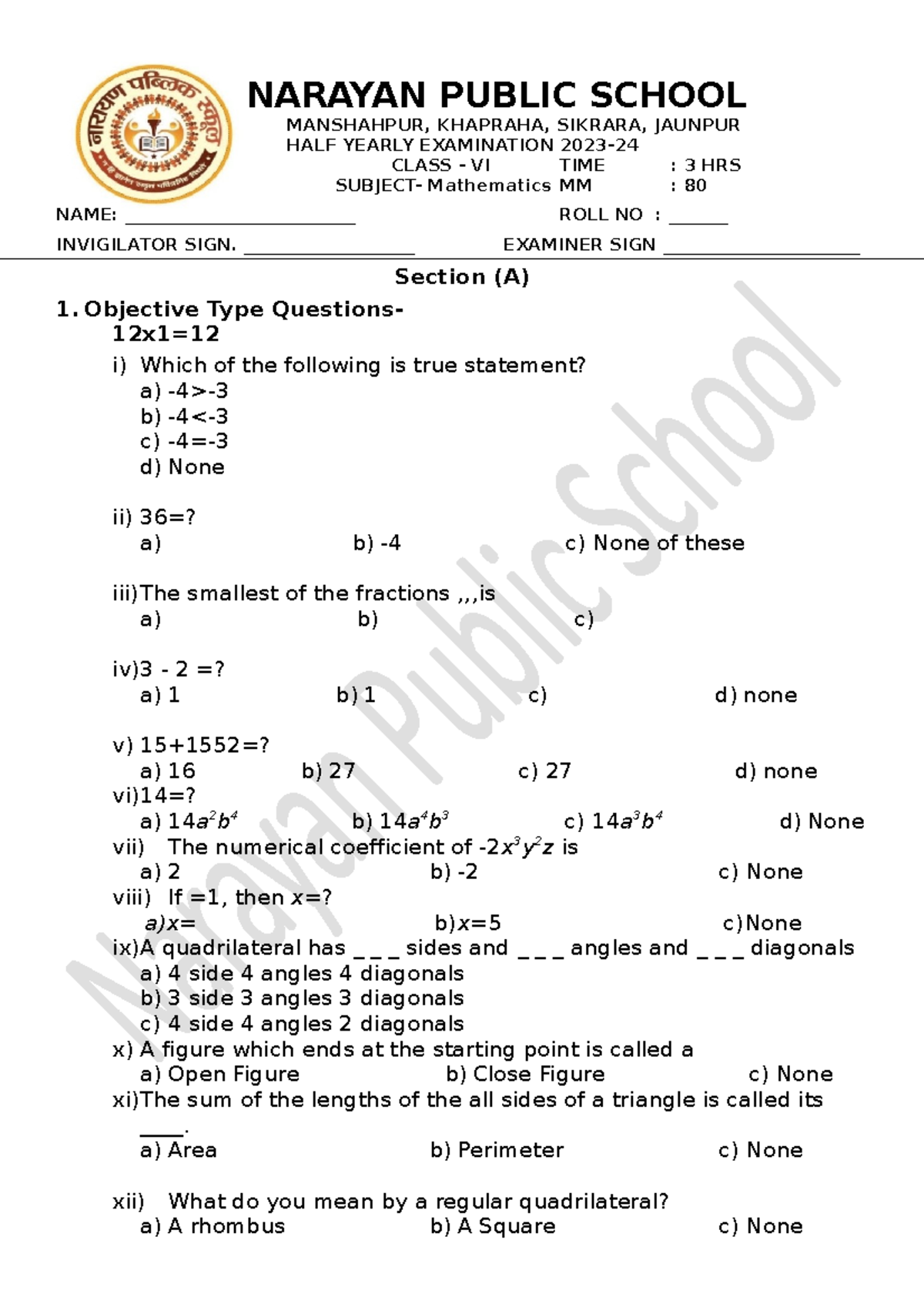 Class VI maths - Explained the question - NARAYAN PUBLIC SCHOOL MANSHAHPUR, KHAPRAHA, SIKRARA ...