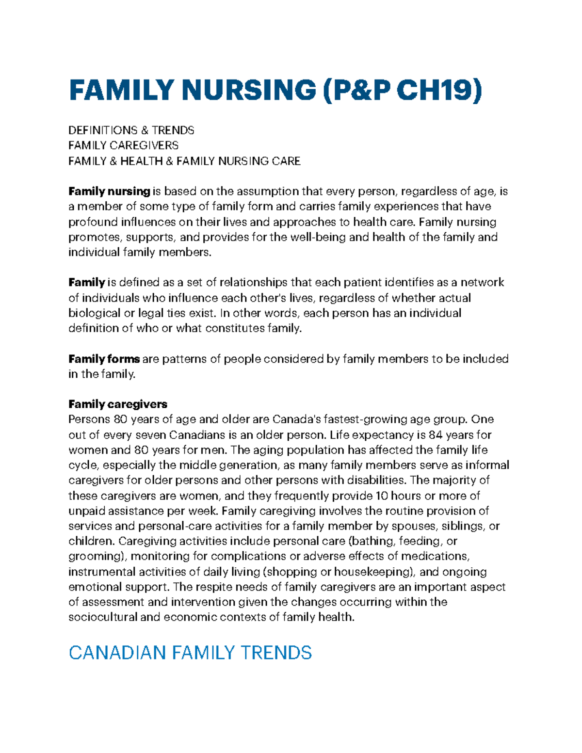 Module 2 - FAMILY NURSING (P&P CH19) DEFINITIONS & TRENDS FAMILY ...
