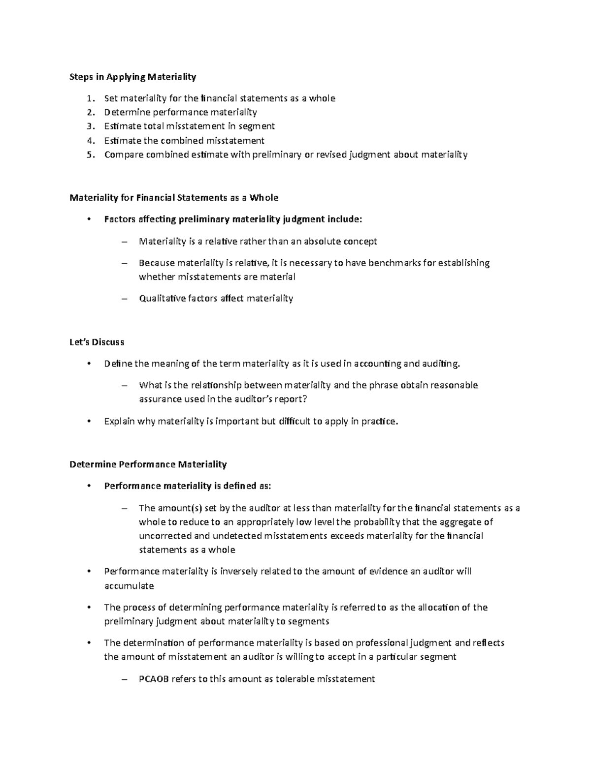 Lecture Notes 8 - Steps in Applying Materiality 1. Set materiality for ...