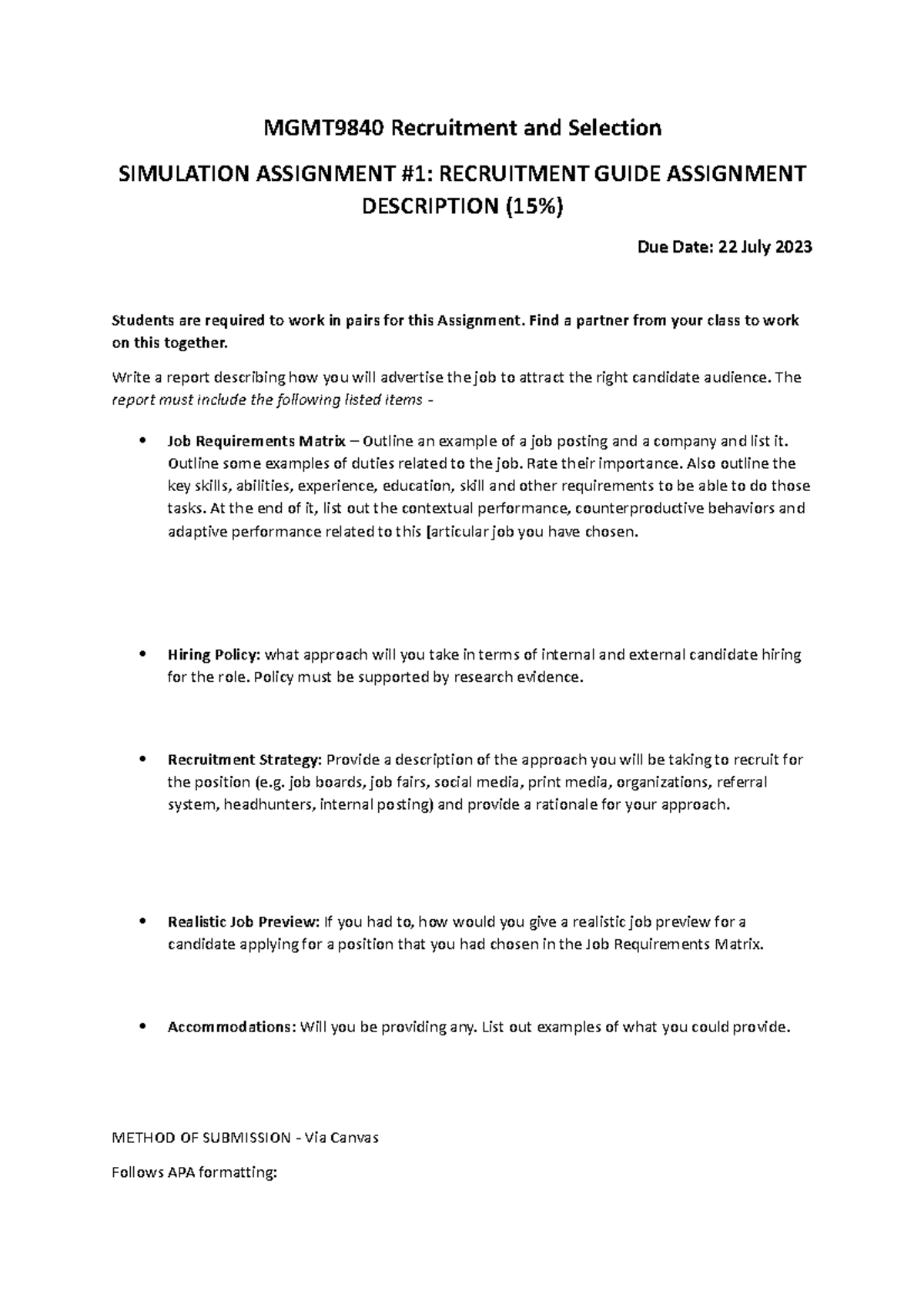 Simulation Assignment 1 - MGMT9840 Recruitment and Selection SIMULATION ...