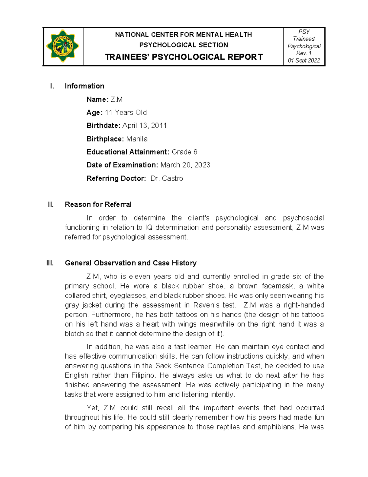 Zach-Psych-Report - A psychological assessment report summarizes the ...