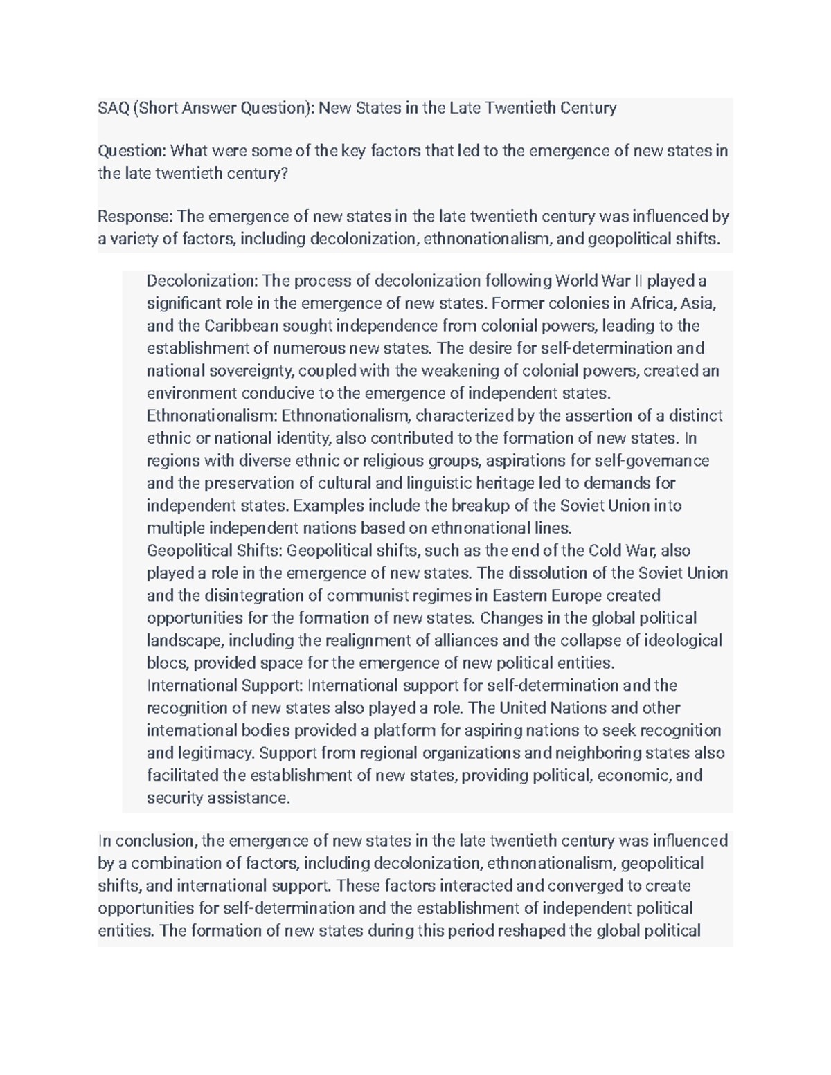 New States in Late Twentieth Century SAQ - SAQ (Short Answer Question ...