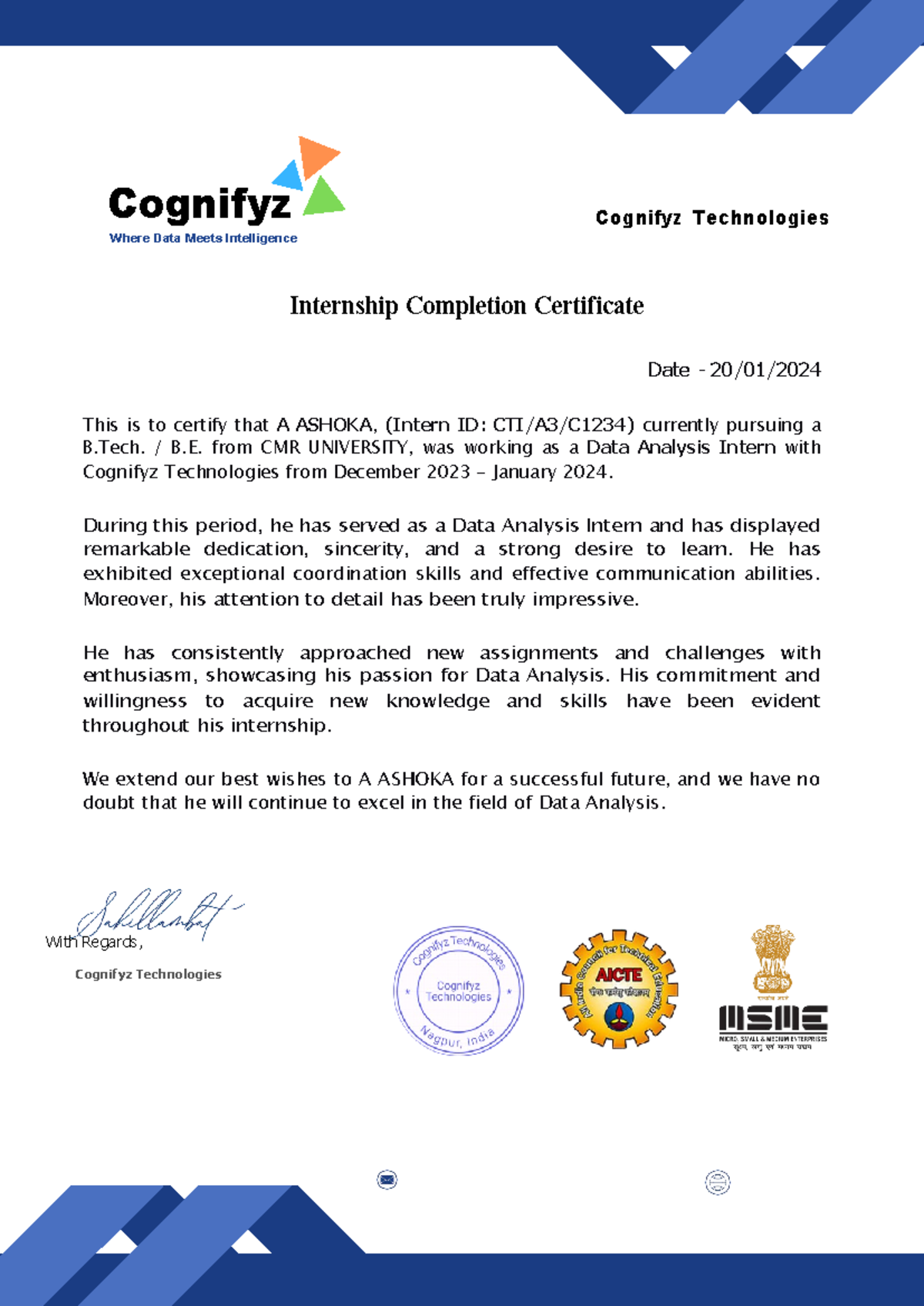 705880657-Internship-Certificate - With Regards, Cognifyz Where Data Meets Intelligence Cognifyz ...