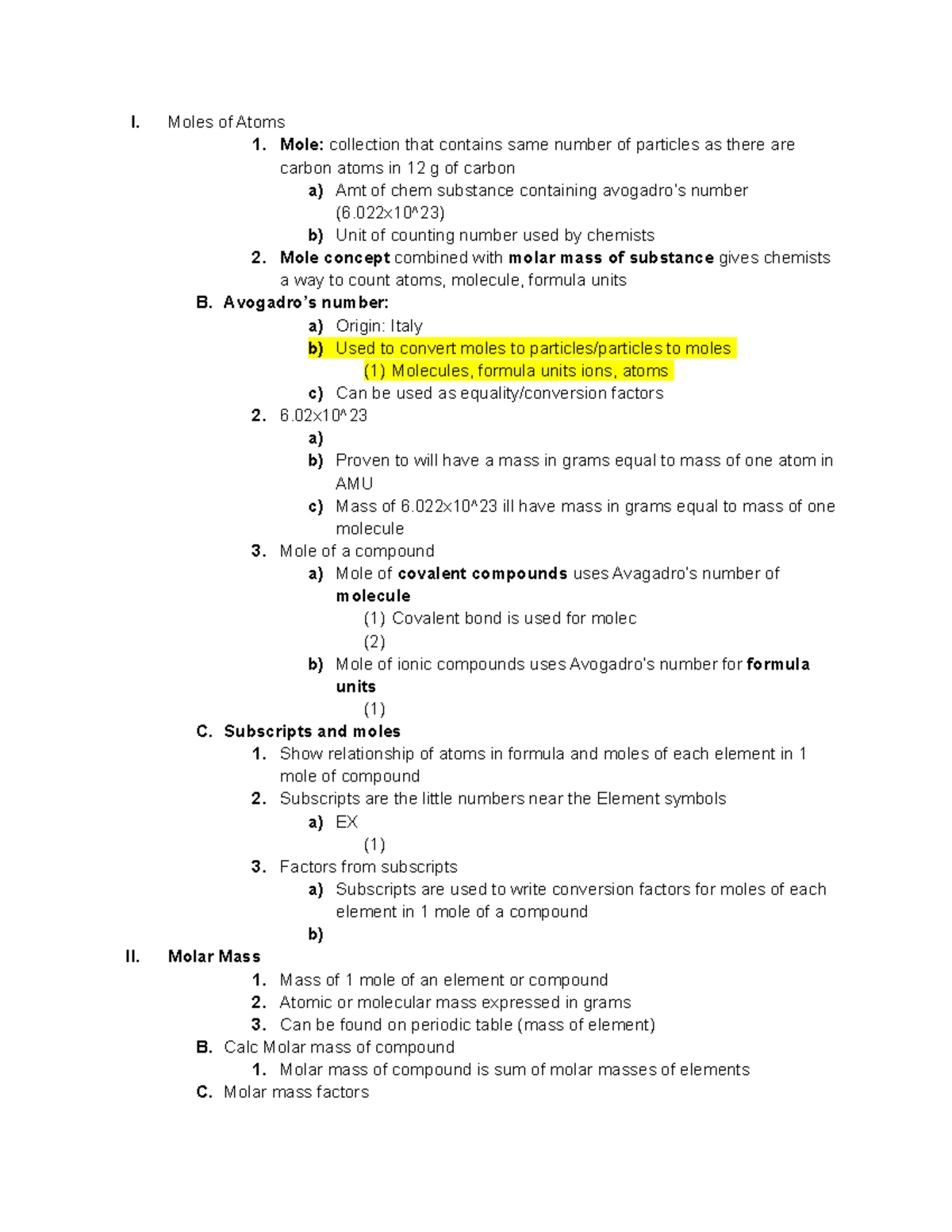 Moles of Atoms - Lecture notes 15 - I. Moles of Atoms 1. Mole ...