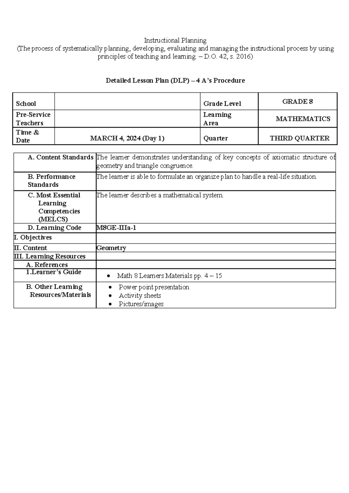 New format 4A DLP - N/A - Instructional Planning (The process of ...
