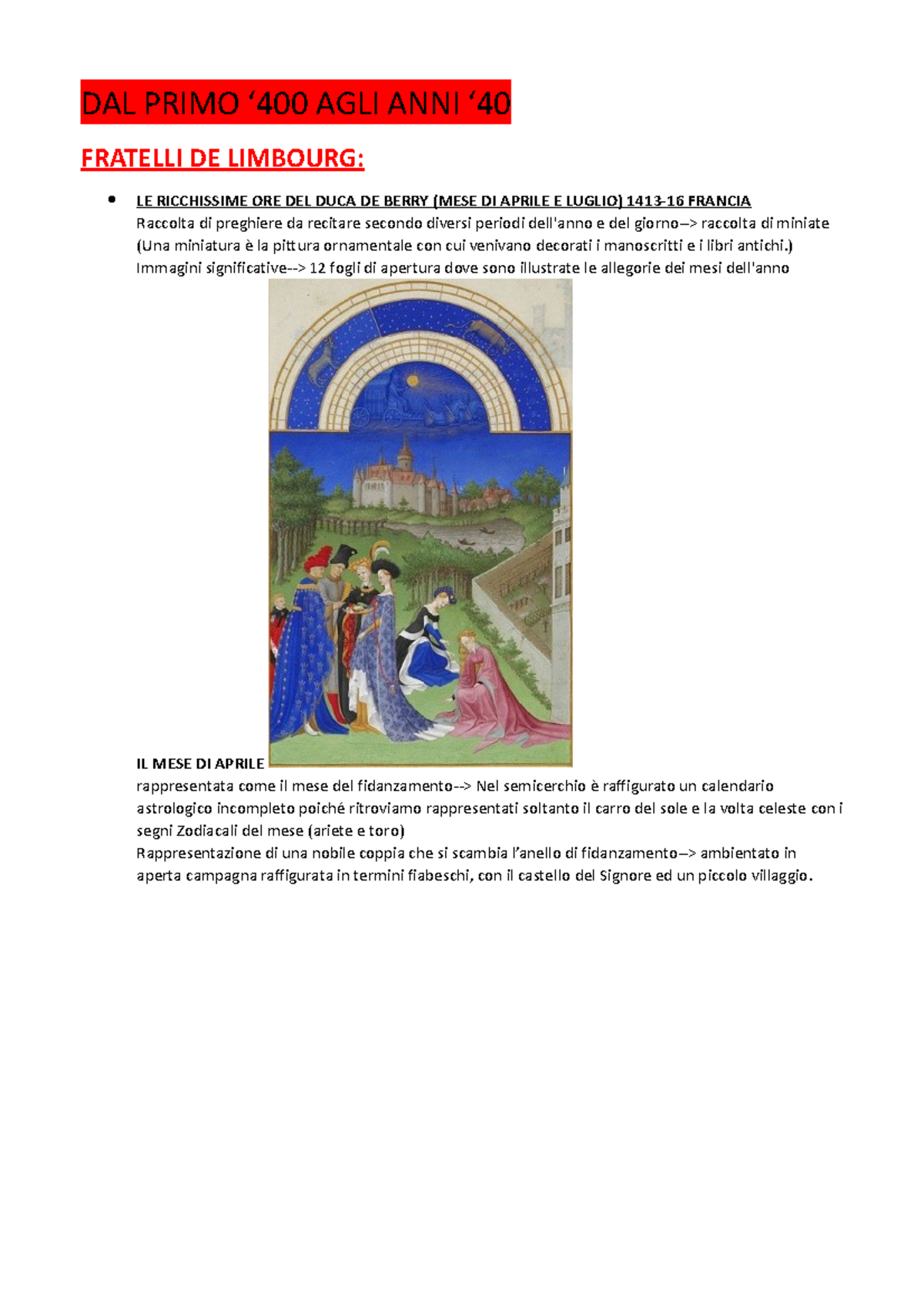 File definitivo esame arte moderna - DAL PRIMO ‘400 AGLI ANNI ‘ FRATELLI DE LIMBOURG: LE - Studocu