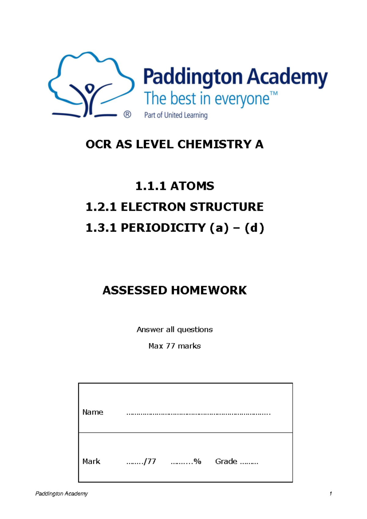 Atoms electron structure and periodicity hw - OCR AS LEVEL CHEMISTRY A ...