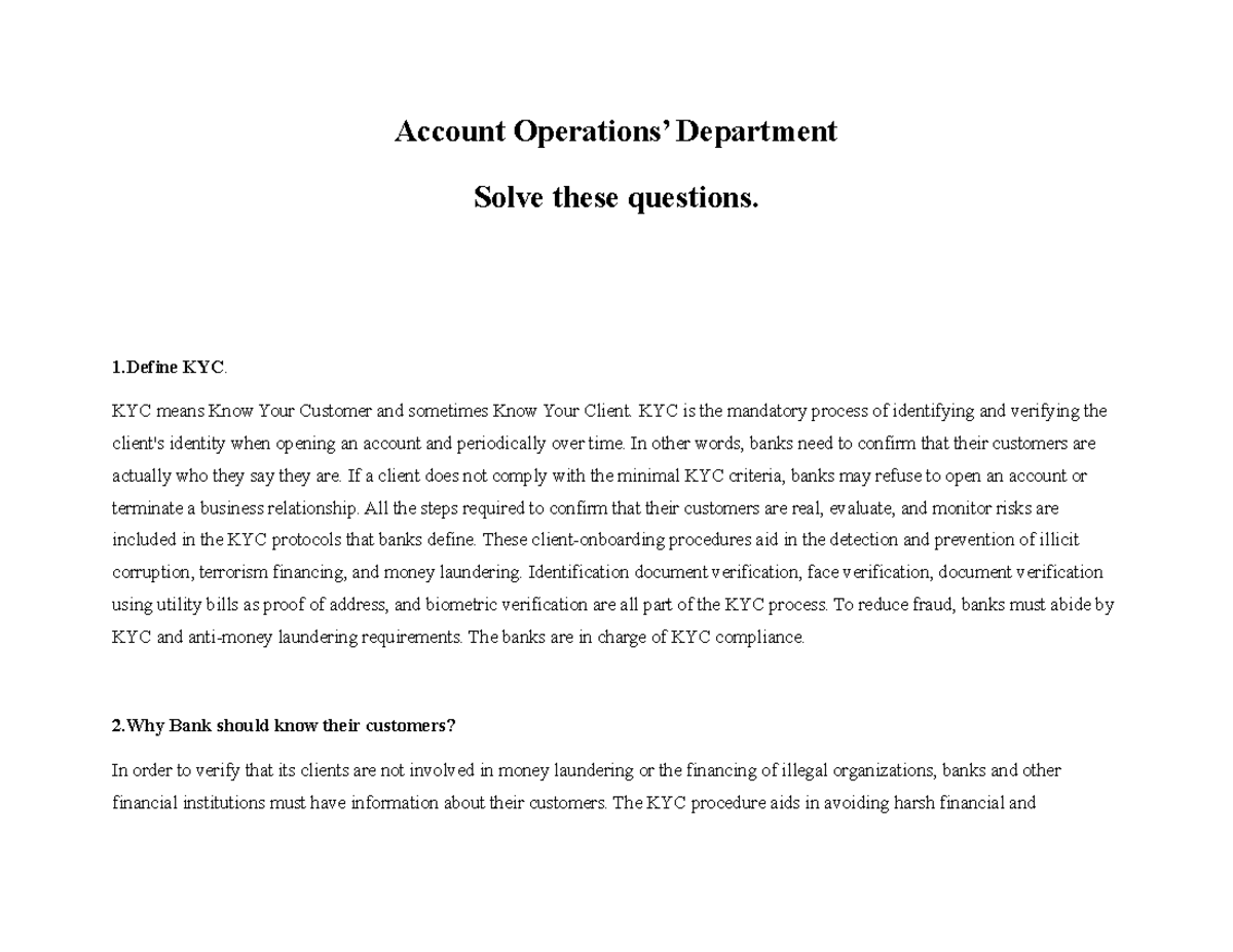 Account Operations - Questions - Account Operations’ Department Solve ...
