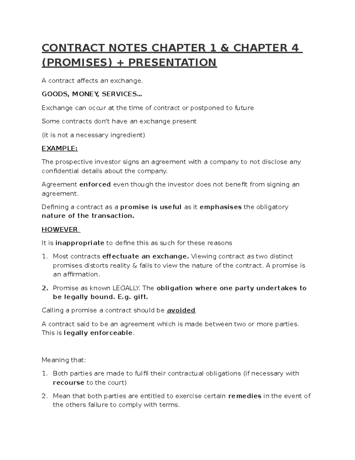 Contract Notes 1 - CONTRACT NOTES CHAPTER 1 & CHAPTER 4 (PROMISES ...
