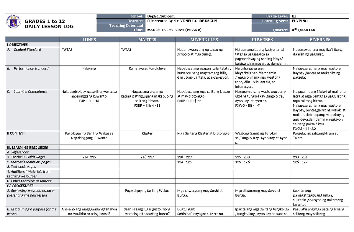 DLL Filipino 3 Q3 W8 - The curriculum - GRADES 1 to 12 DAILY LESSON LOG ...