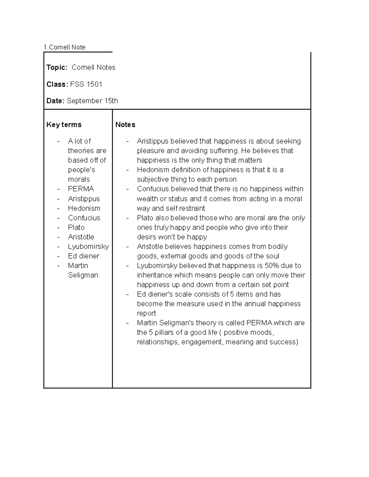 FSS Lecture 3- Homework - 1 Note Topic: Cornell Notes Class: FSS 1501 ...