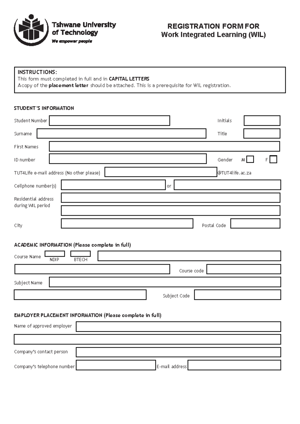 WIL Electronic form - Wil Form - STUDENT’S INFORMATION Student Number ...
