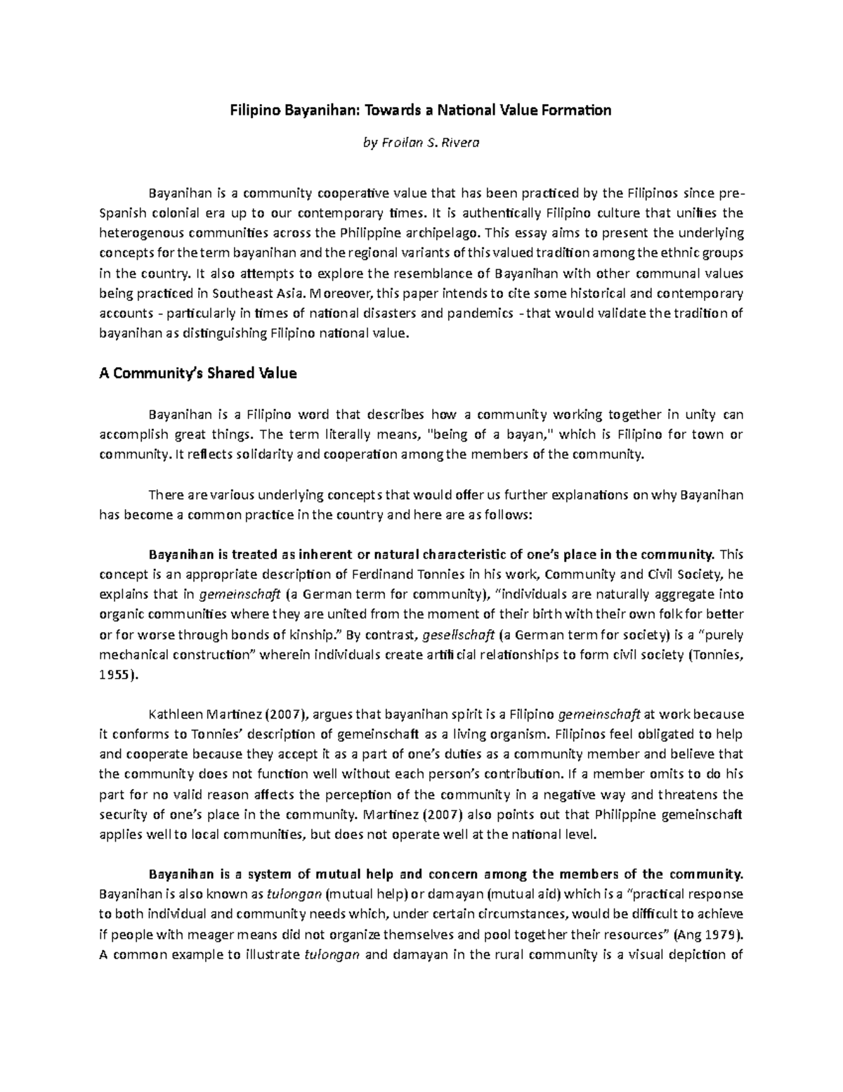 Essay on Filipino Bayanihan - Filipino Bayanihan: Towards a National ...