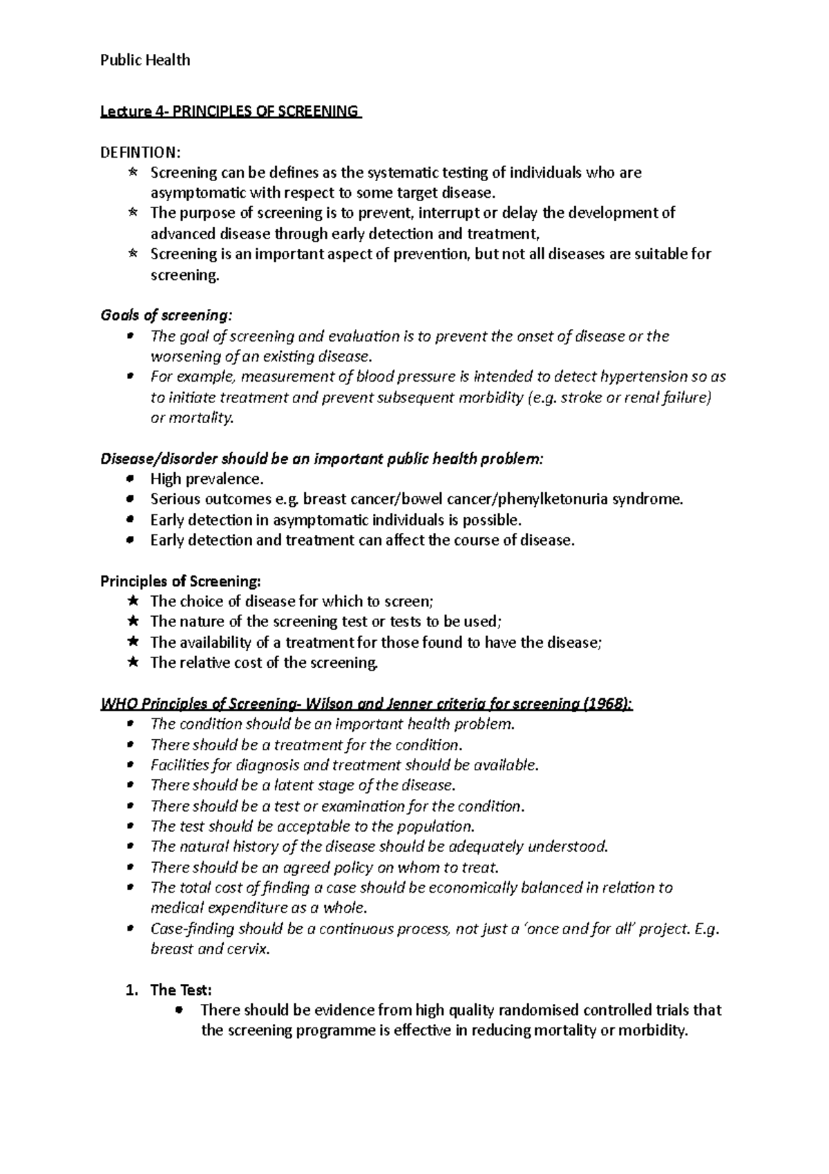Principles of screening- Public Health - Lecture 4- PRINCIPLES OF ...