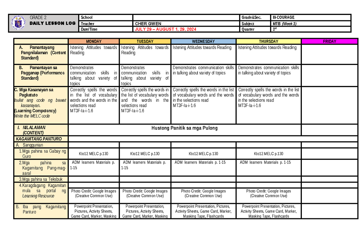 Q1 DLL MTB3 WEEK-1 - n/a - GRADE 2 DAILY LESSON LOG School Grade&Sec ...