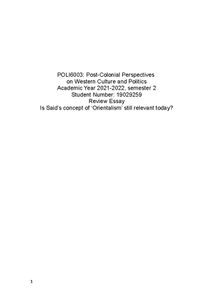 19029259 POLI6003 reflective essay - POLI6003: Post-Colonial ...