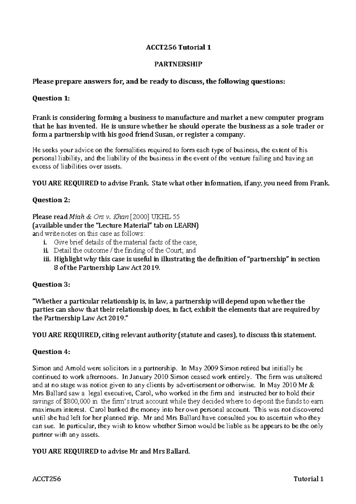 Tutorial 1 256 Intro and General Partnerships - Law of Business ...