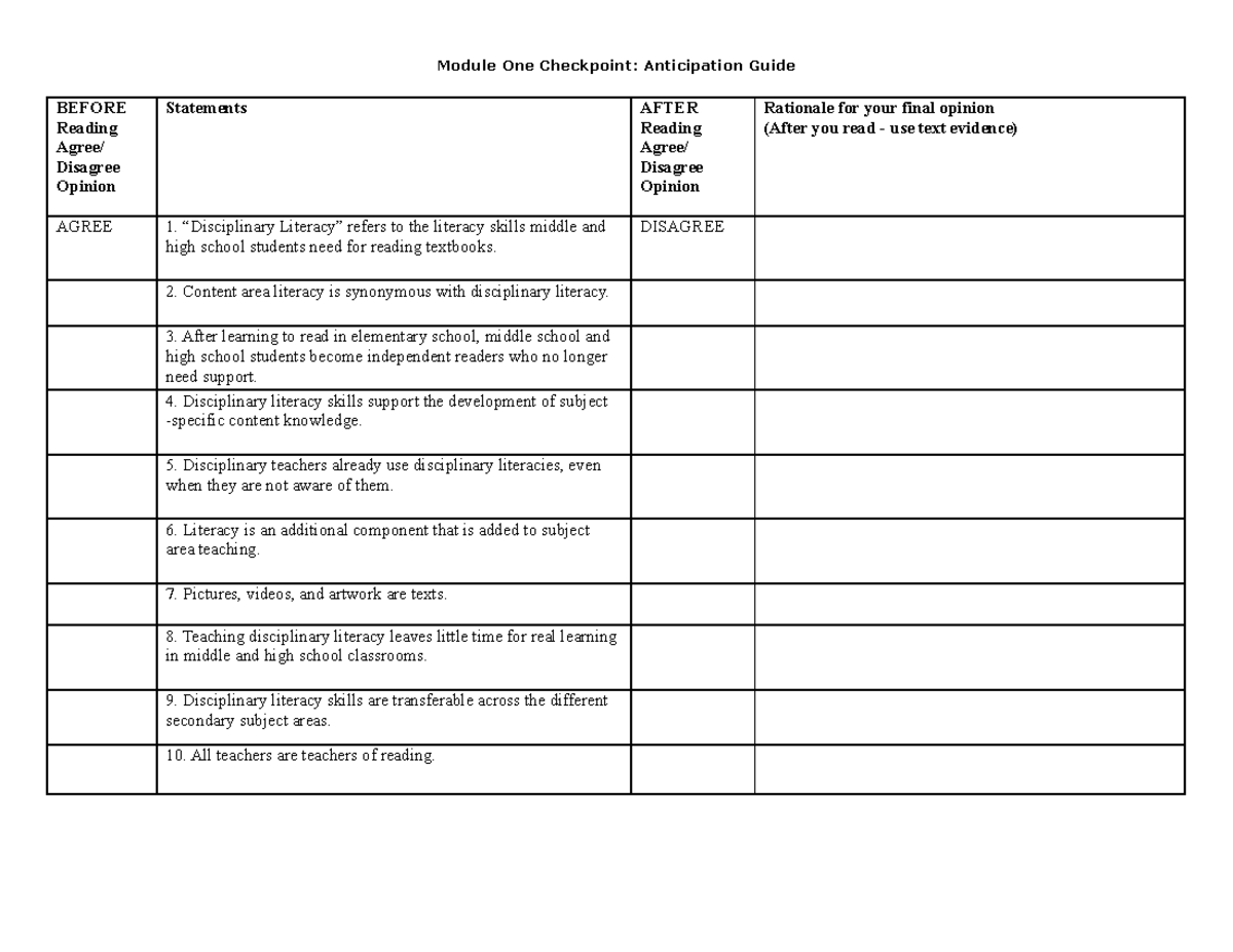 Module 1 Checkpoint (Anticipation Guide) - Module One Checkpoint ...