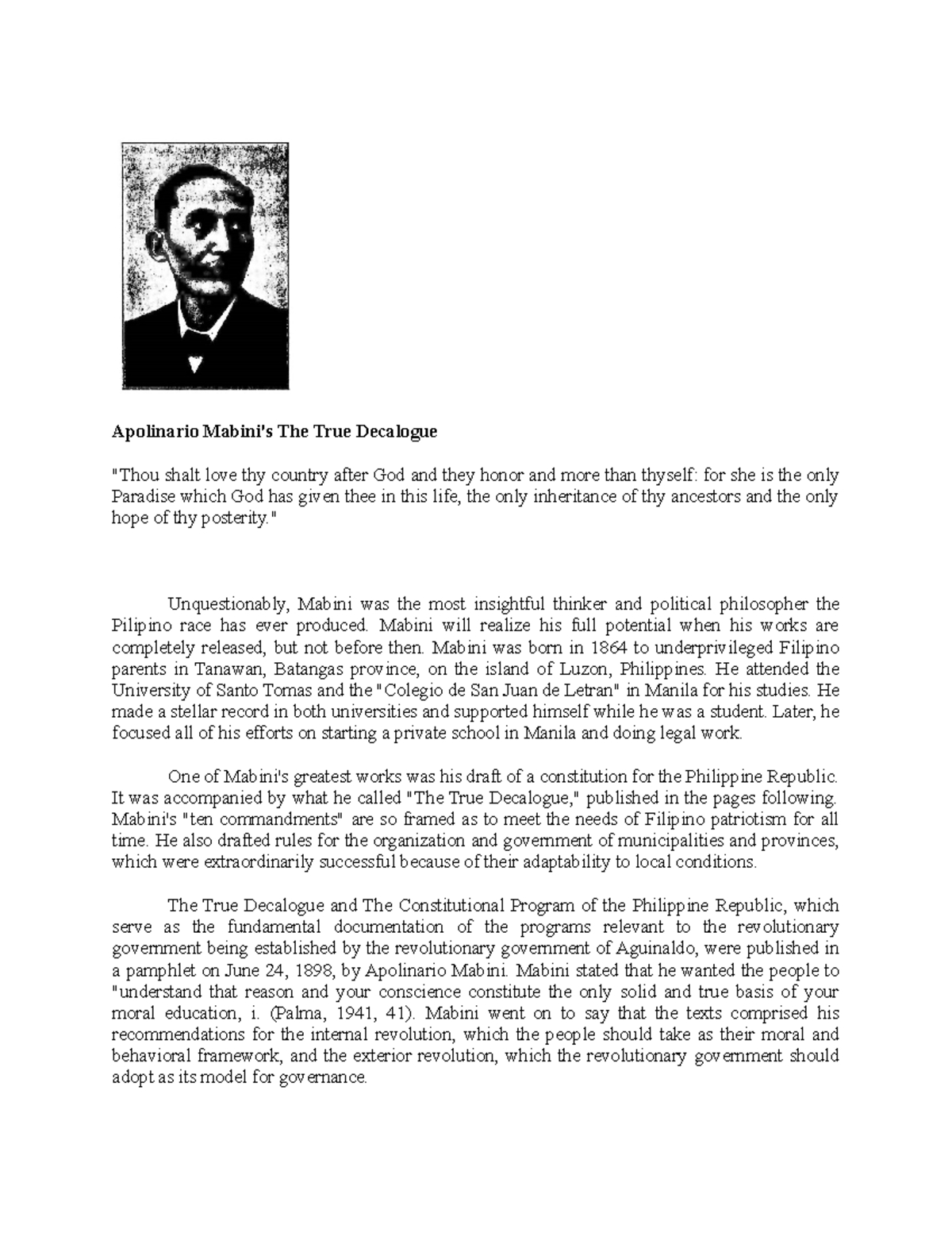 Apolinario Mabini - assignment - Apolinario Mabini's The True Decalogue ...