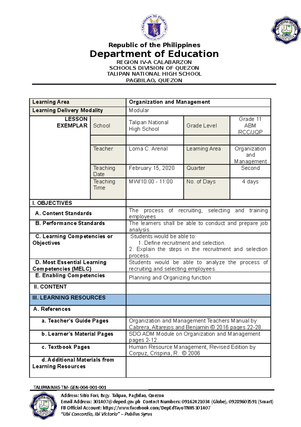 Lesson- Exemplar - Lecture notes - Republic of the Philippines ...
