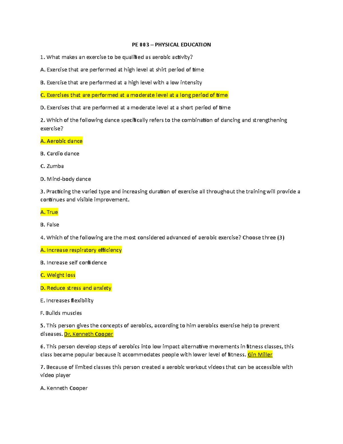 PE 003 - Physical Education Quiz (With Full Answer) - PE 003 – PHYSICAL ...