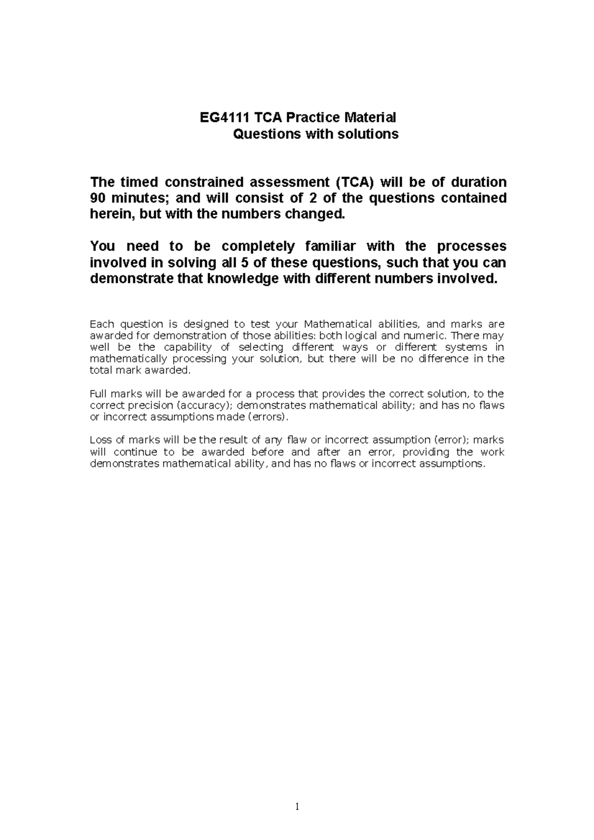 EG4111 17-18 TCA practice material - TCA Practice Material Questions with solutions The timed ...