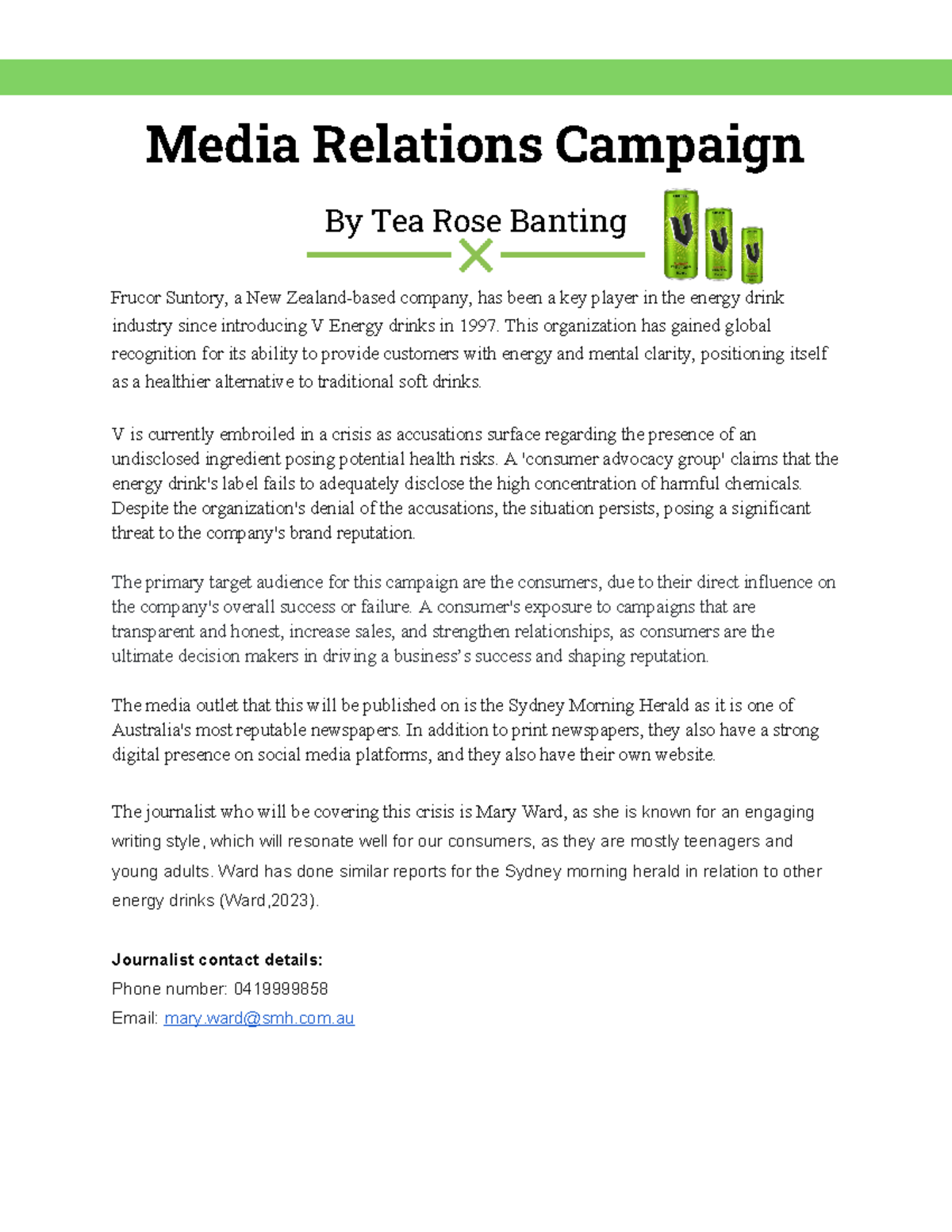 V essay - Media Relations Campaign By Tea Rose Banting Frucor Suntory ...