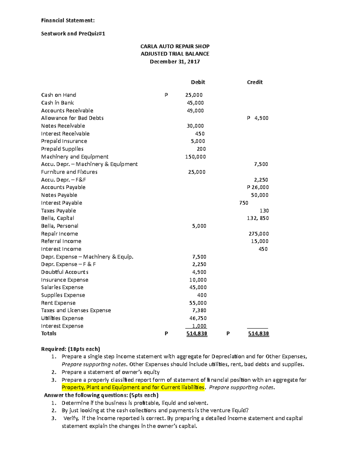 FS- Pre QSW - Financial Statement: Seatwork and PreQuiz# CARLA AUTO ...
