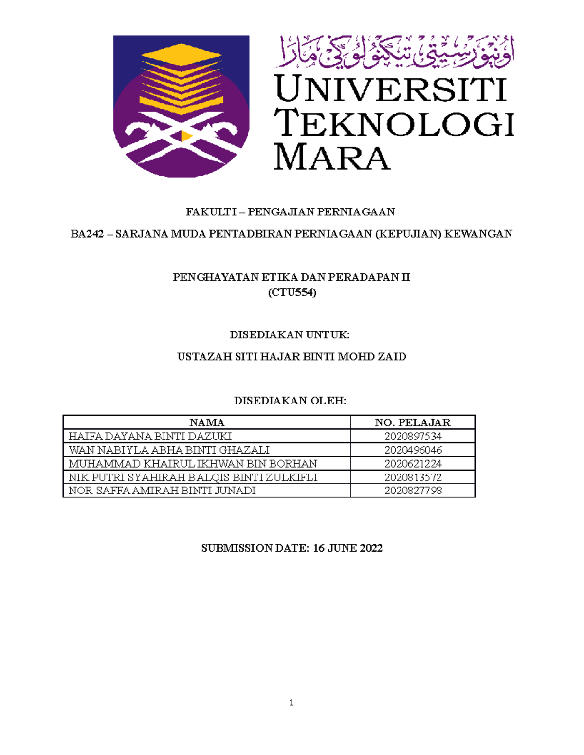 Group Assignment CTU 554 (1) - FAKULTI – PENGAJIAN PERNIAGAAN BA242 – SARJANA MUDA PENTADBIRAN ...