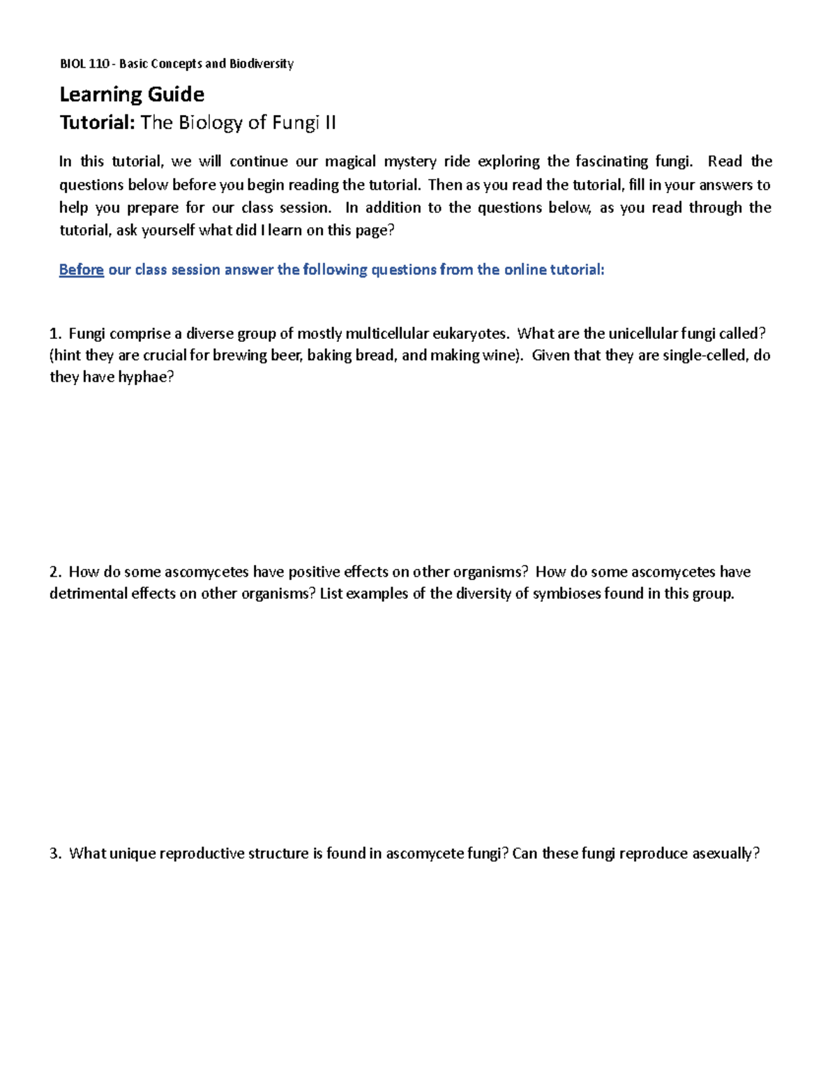 BIOL 110 Learning Guide for Tutorial 12 The Biology of Fungi II - BIOL ...