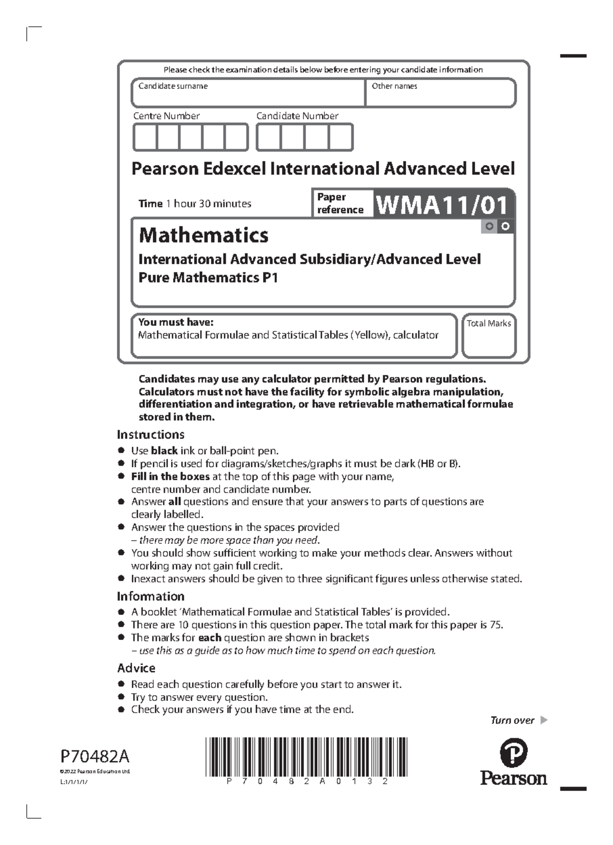 P1 2022 - Centre Number Candidate Number P70482A0132 Turn over Total ...