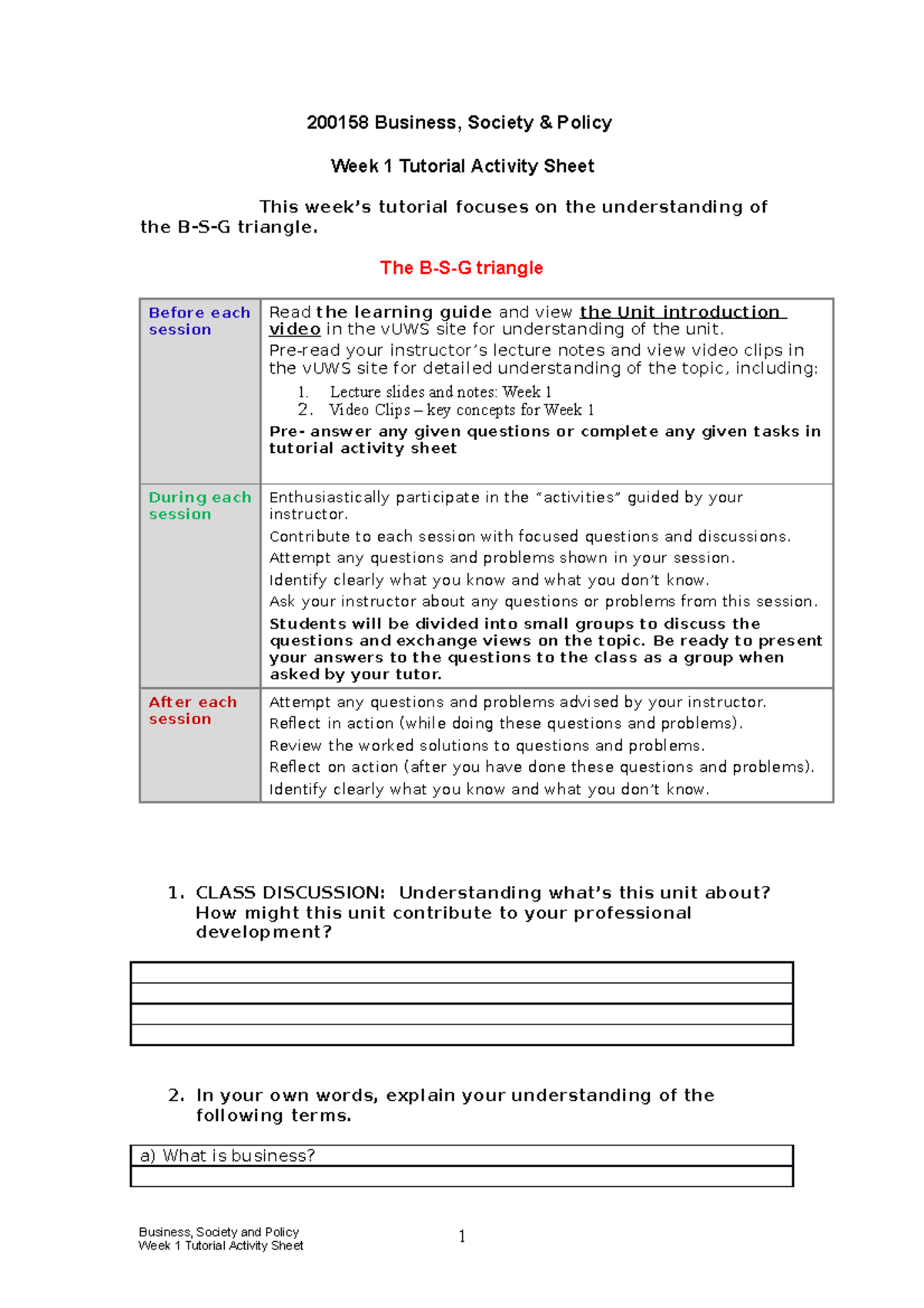 2001 58 Week 1 Tutorial Activity Sheet - 200158 Business, Society ...