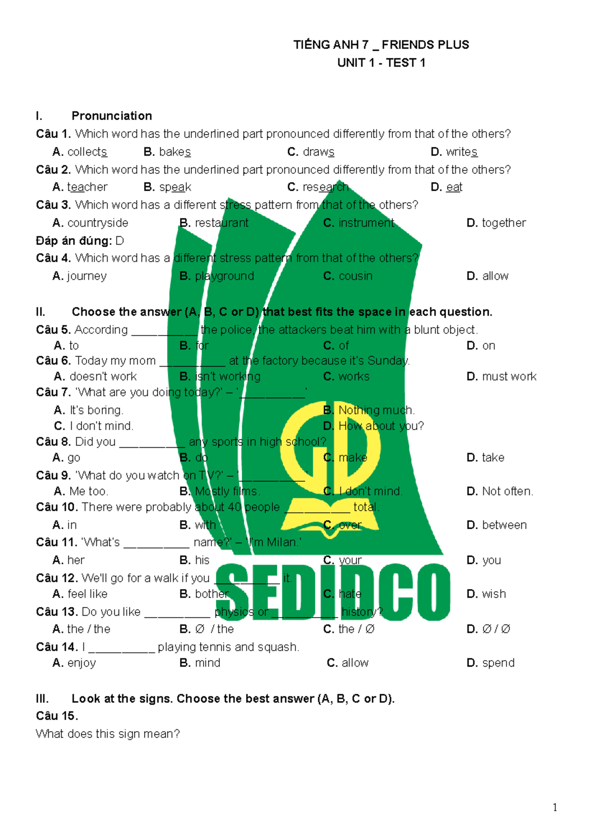 Tieng Anh 7 Friends Plus - Unit 1 - Test 1 - TIẾNG ANH 7 _ FRIENDS PLUS ...