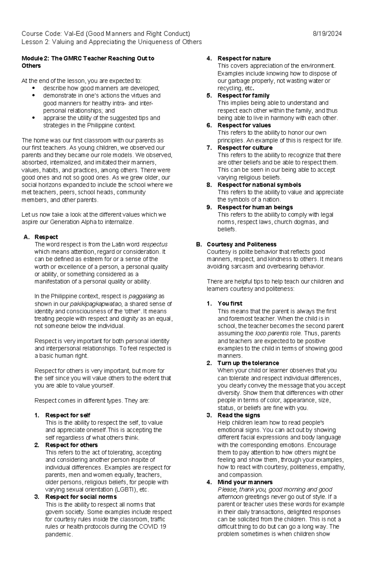Module 2, Lesson 2 - Valuing and Appreciating the Uniqueness of Others ...