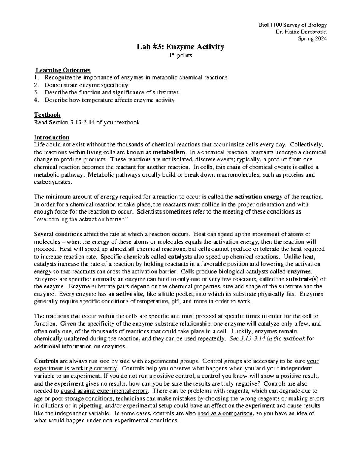 Lab 3 Enzyme Activity - Biol 1100 Survey of Biology Dr. Hattie Dambroski Spring 202 4 Lab # 3 ...